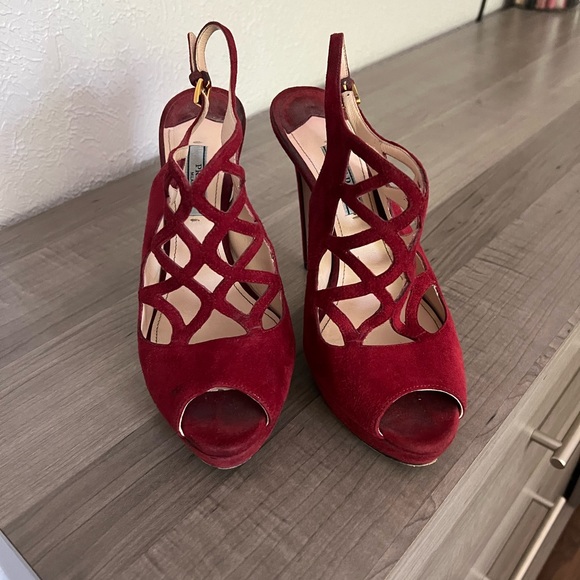 Prada | Shoes | Prada Burgundy Red Suede Caged Sling Back Platform Peep ...
